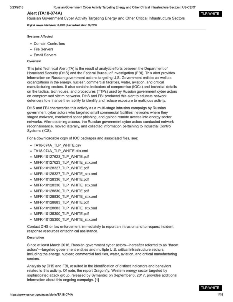 Exhibit-1-US-CERT-Alert-TA18-074A-Russian-Government-Cyber-Activity-pdf-1 | Secure the Grid