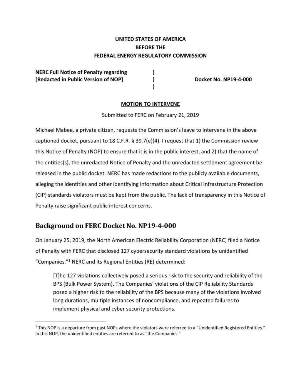 FERC-Docket-NP19-4-Motion-to-Intervene-Mabee-pdf | Secure the Grid