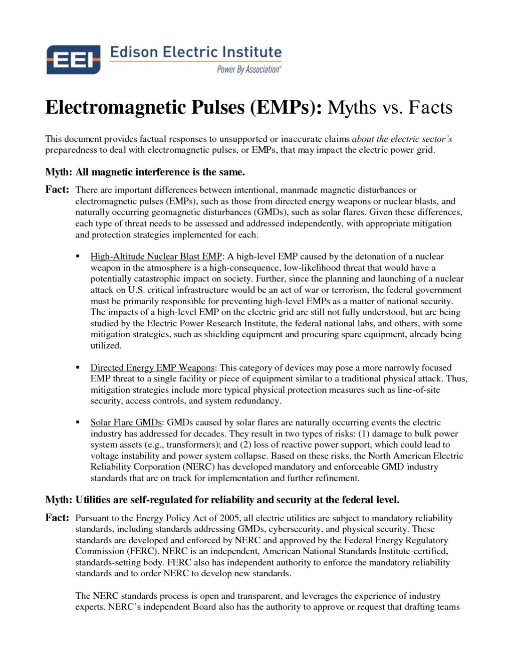 EEI-Misinformation-Electromagnetic-Pulses-EMPs-Myths-vs.-Facts-pdf | Secure the Grid