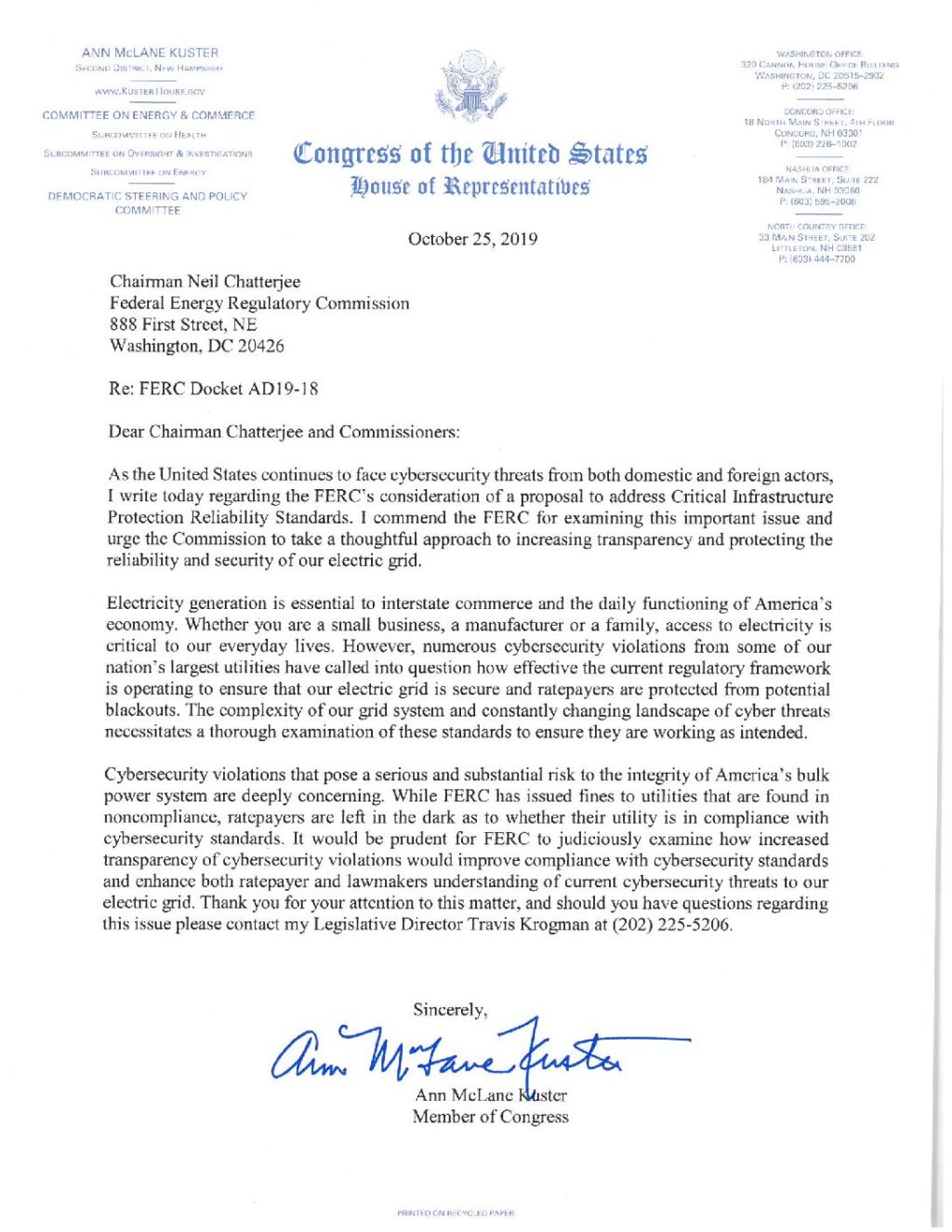 2019-10-25-Kuster-Letter-to-FERC-cybersecurity-pdf | Secure the Grid